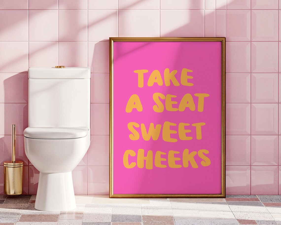 Take a Seat Sweet Cheeks Poster, Preppy Pink Orange Restroom Decor ...