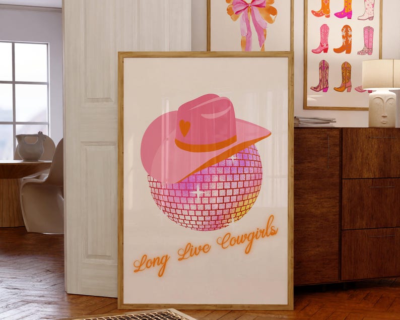 Disco Coquette Cowgirl Print Set, Pink Cowgirl Boots Hat Print, Cute ...