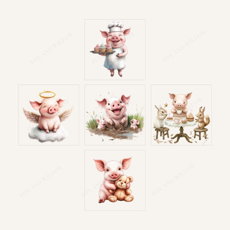 Cute Pigs Clipart, Watercolor Style, Adorable Pig Clip Art, Farm Animal ...
