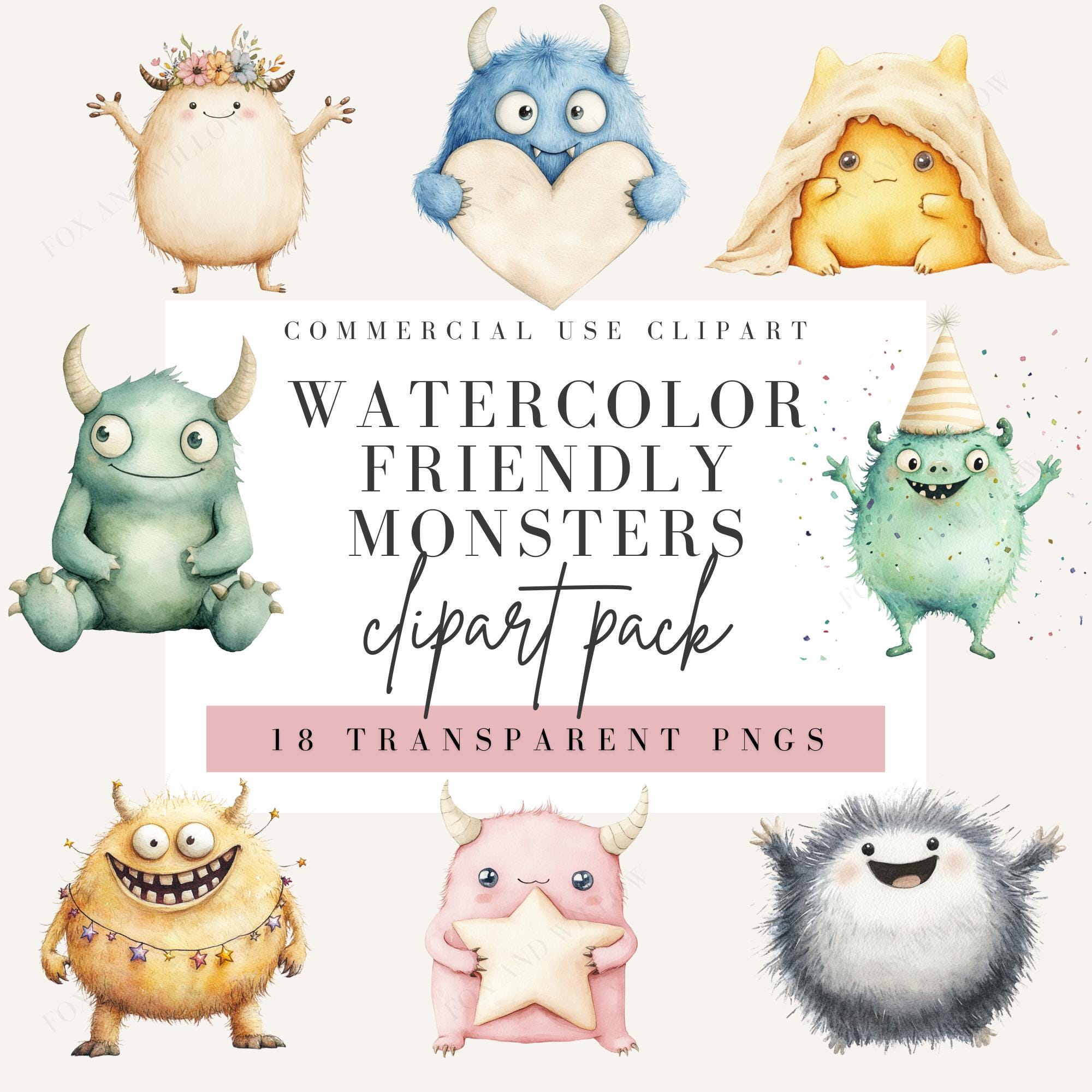Friendly Monsters Clipart, Watercolor Style, Cute Monster Clip Art ...