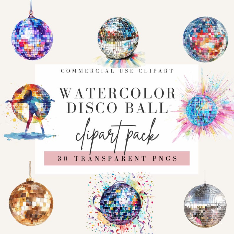 Disco Ball Clipart, Watercolor Transparent Commercial Use PNG, Pink ...