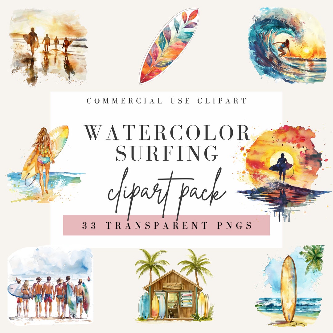Surfing Watercolor Clipart, Transparent Commercial Use PNG, Surf Board ...