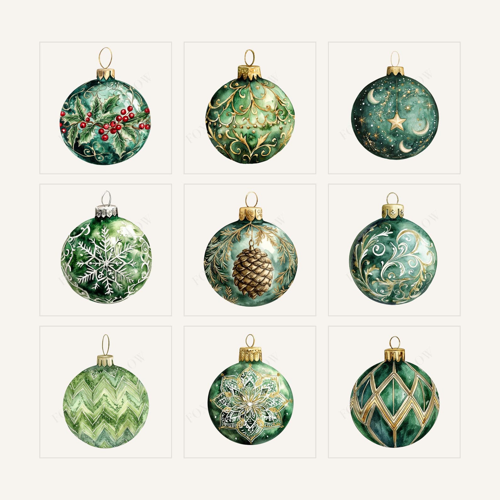 Green Christmas Baubles Clipart, Watercolor Style, Festive Clip Art ...