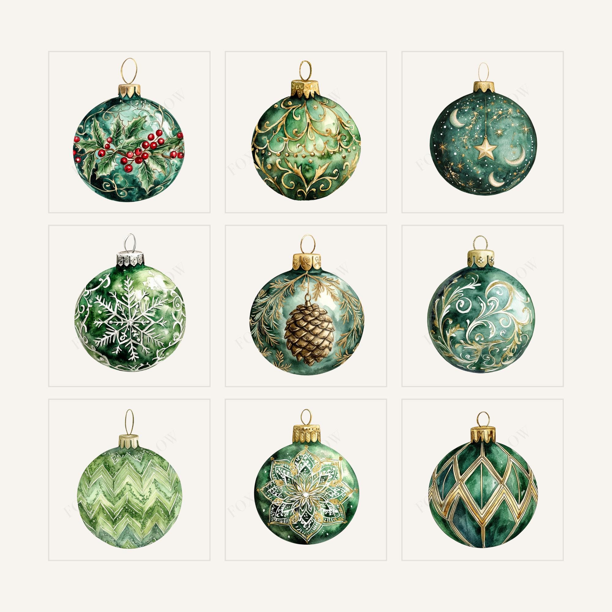 Green Christmas Baubles Clipart, Watercolor Style, Festive Clip Art ...