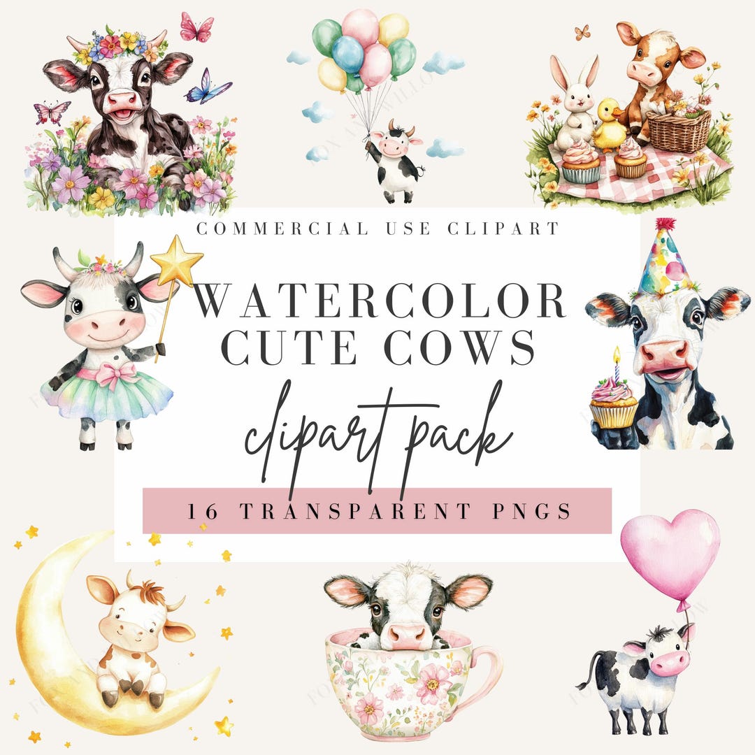 Cute Cows Clipart, Watercolor Style, Adorable Cow Clip Art, Farm Animal ...