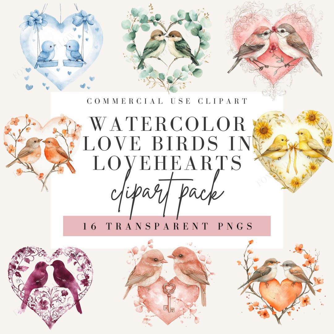 Love Birds in Lovehearts Clipart, Watercolor Style, Valentine's Day ...