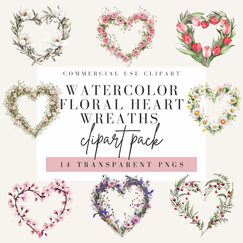Floral Heart Wreath Clipart, Watercolor Style, Transparent Background ...