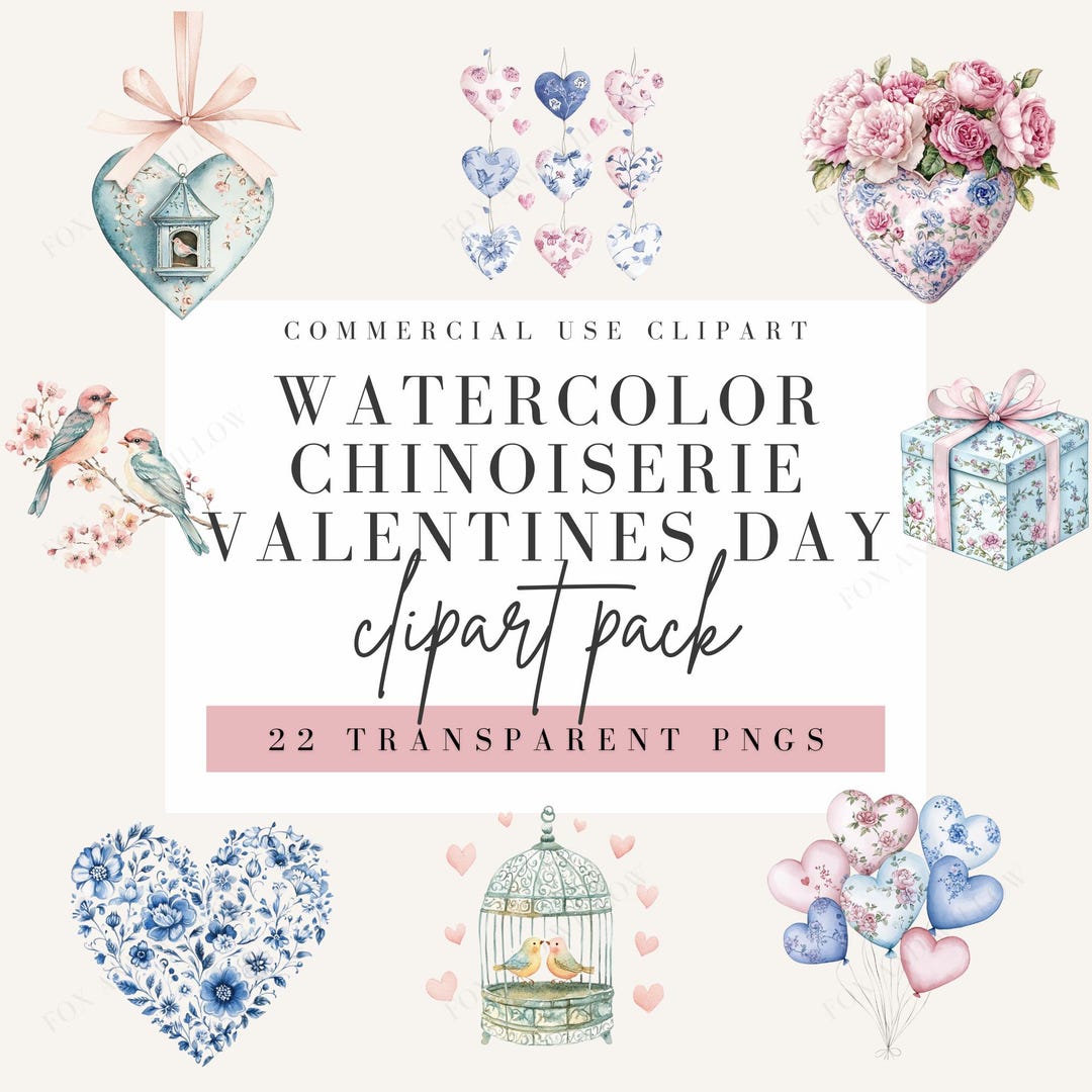 Chinoiserie Valentines Day Clipart, Watercolor Style, Pastel Toile Clip ...