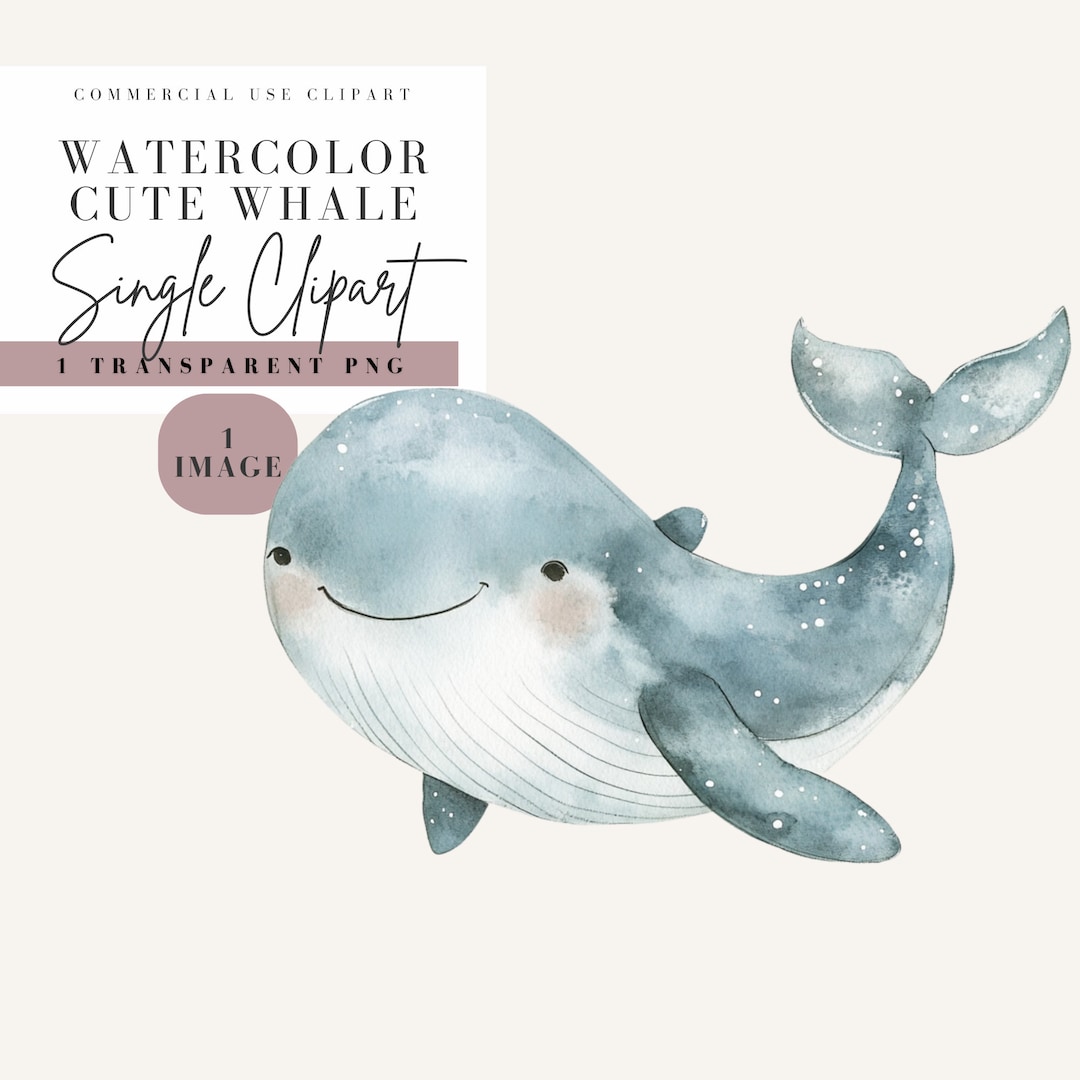 Cute Whale Clipart, Watercolor Style, Transparent Background ...