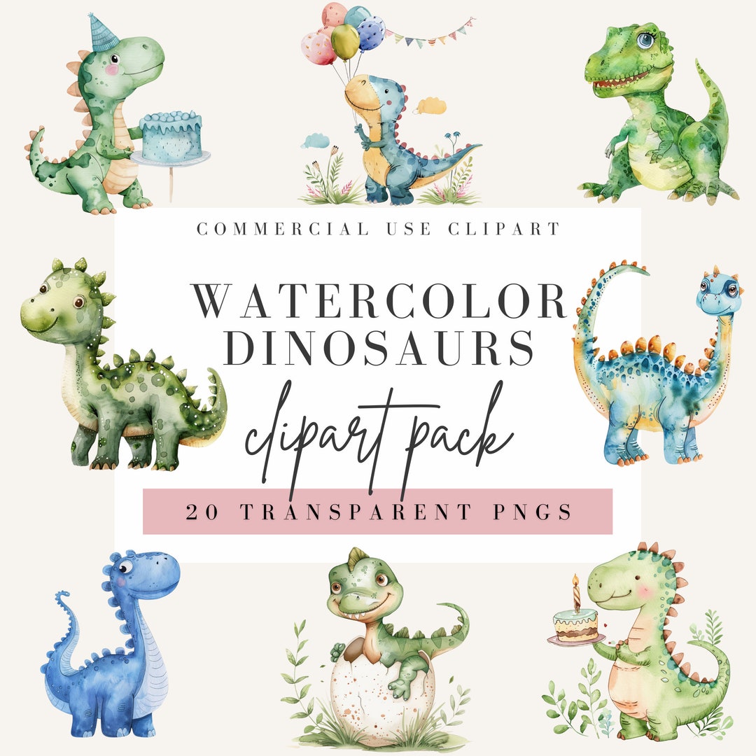 Cute Dinosaur Themed Watercolor Clipart, Transparent Commercial Use PNG ...