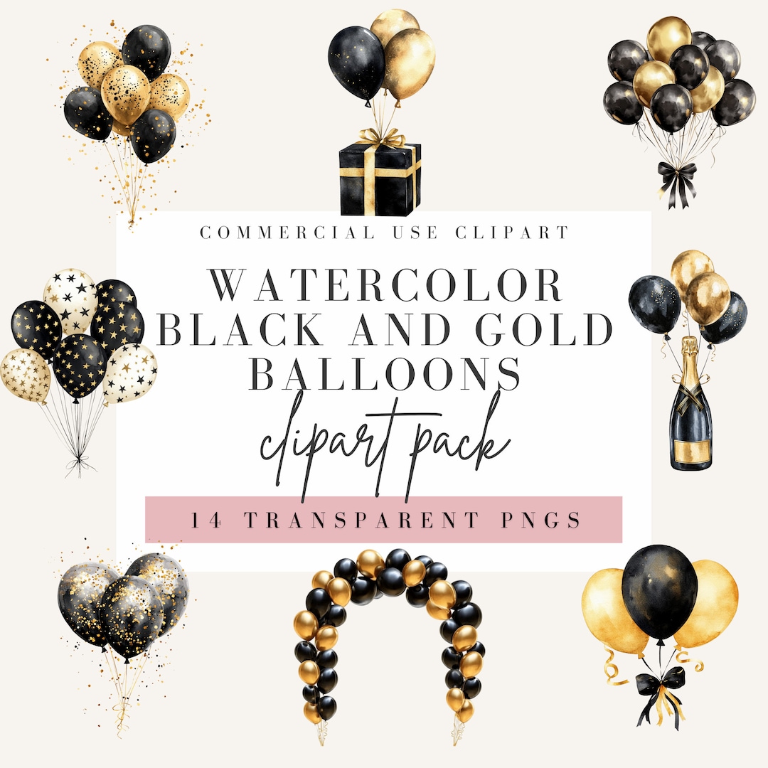 Black and Gold Balloon Clipart, Watercolor Style, Transparent ...