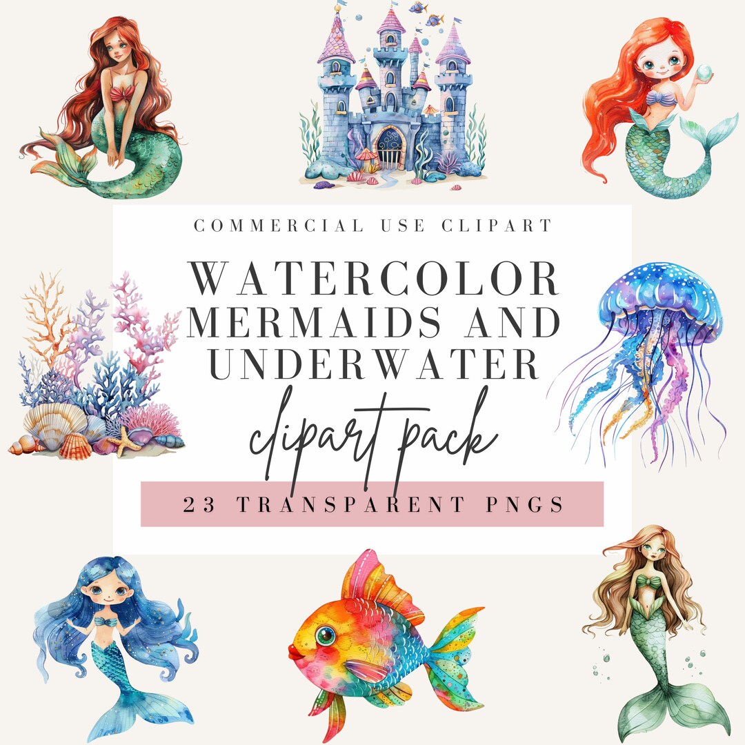 Watercolor Mermaid & Underwater Clipart Pack for Kids, Sea Life ...