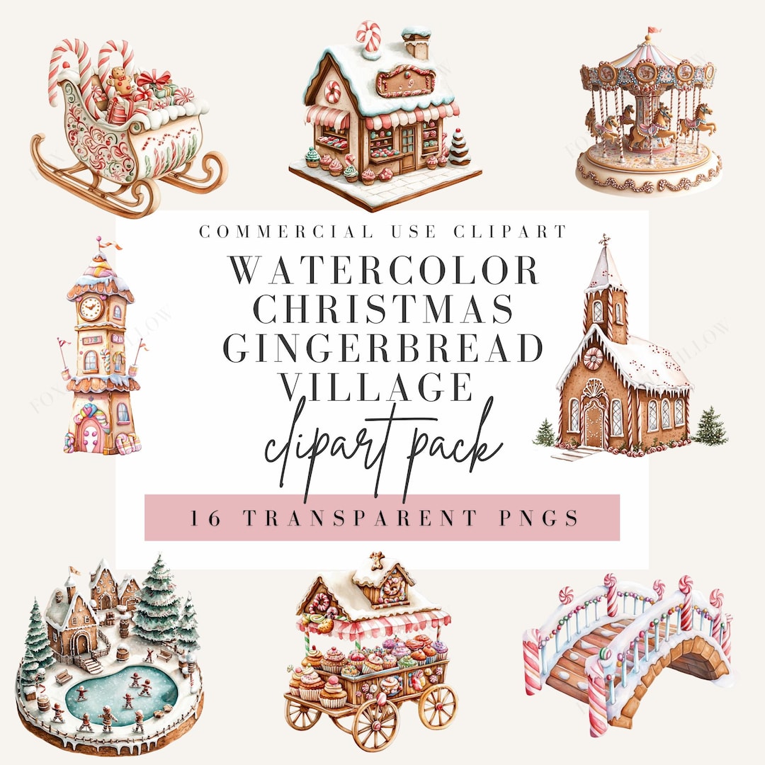Christmas Gingerbread Village Clipart, Watercolor Style, Transparent ...