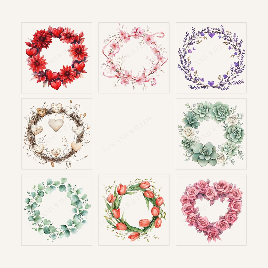 Valentines Wreaths Clipart, Watercolor Style, Valentine Day Flowers ...