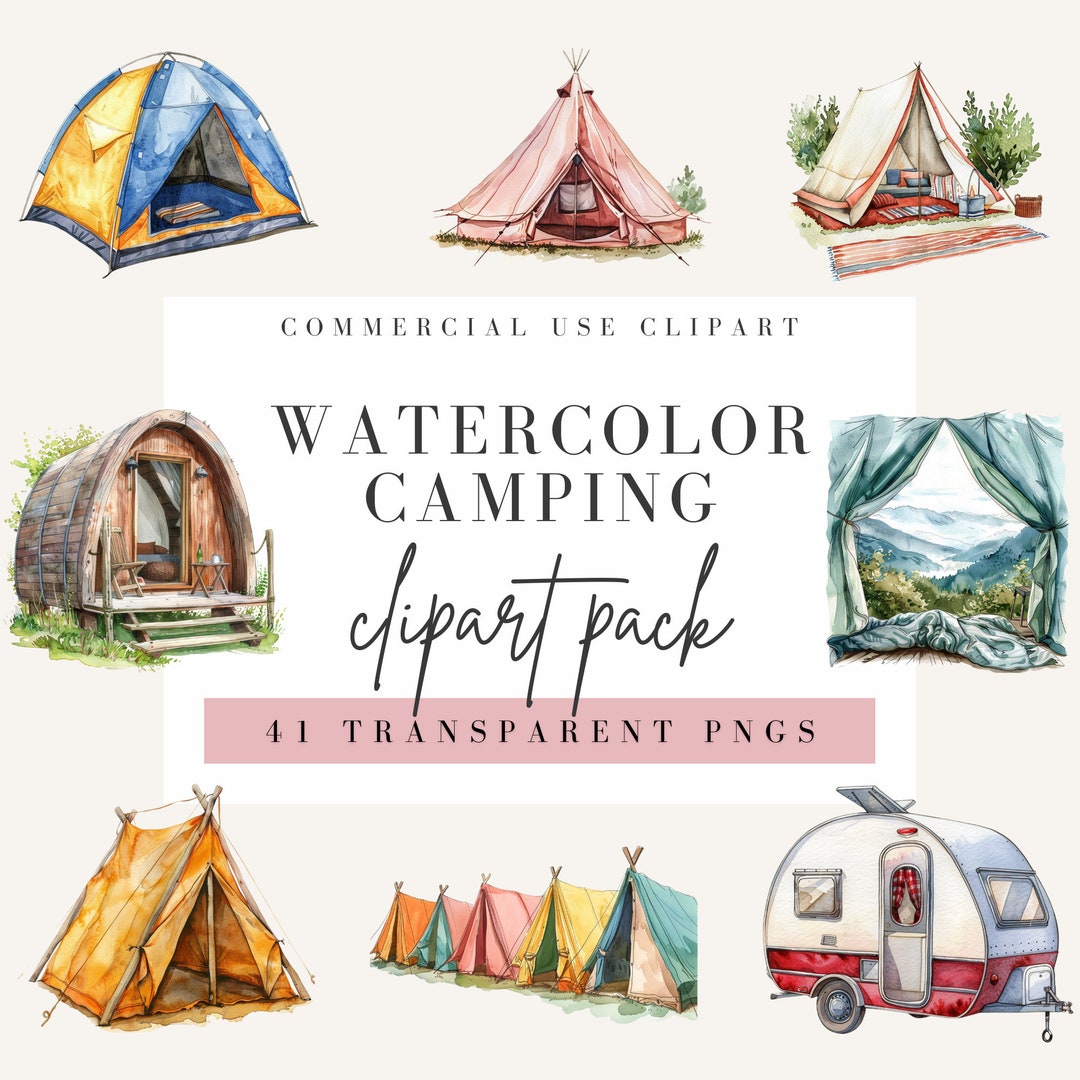 Camping Clipart, Watercolor Clip Art, Transparent Commercial Use PNG ...