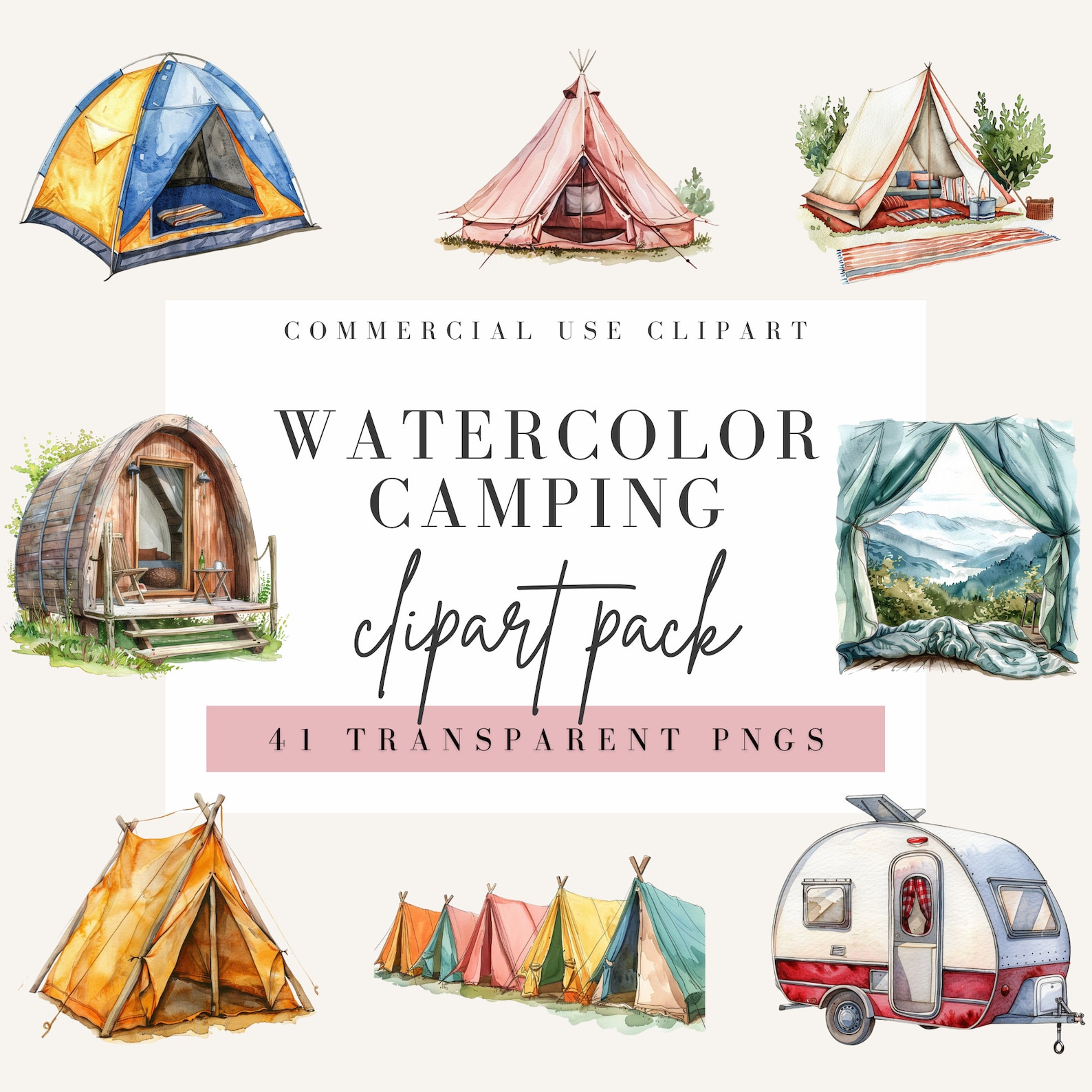 Camping Clipart, Watercolor Clip Art, Transparent Commercial Use PNG ...