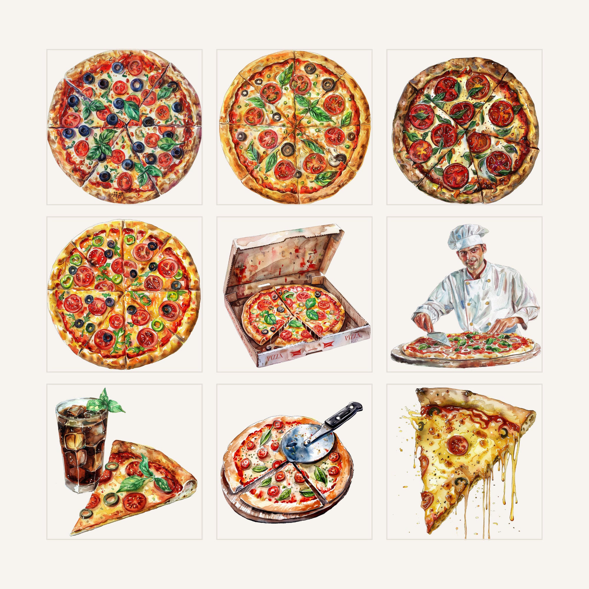 Pizza Clipart, Watercolor Style, Transparent Background, Commercial Use ...