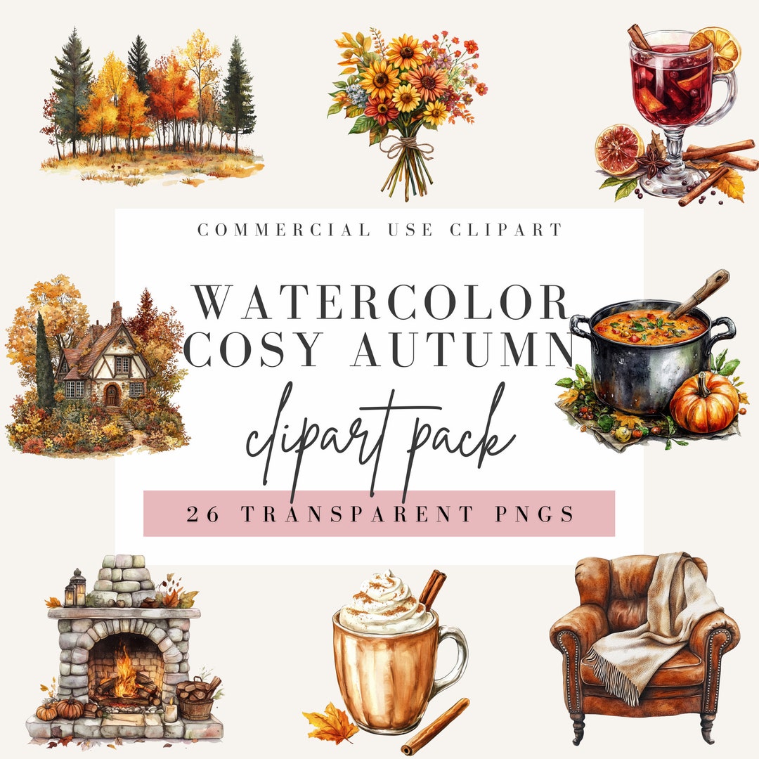 Cosy Autumn Clipart, Watercolor Style, Transparent Background ...