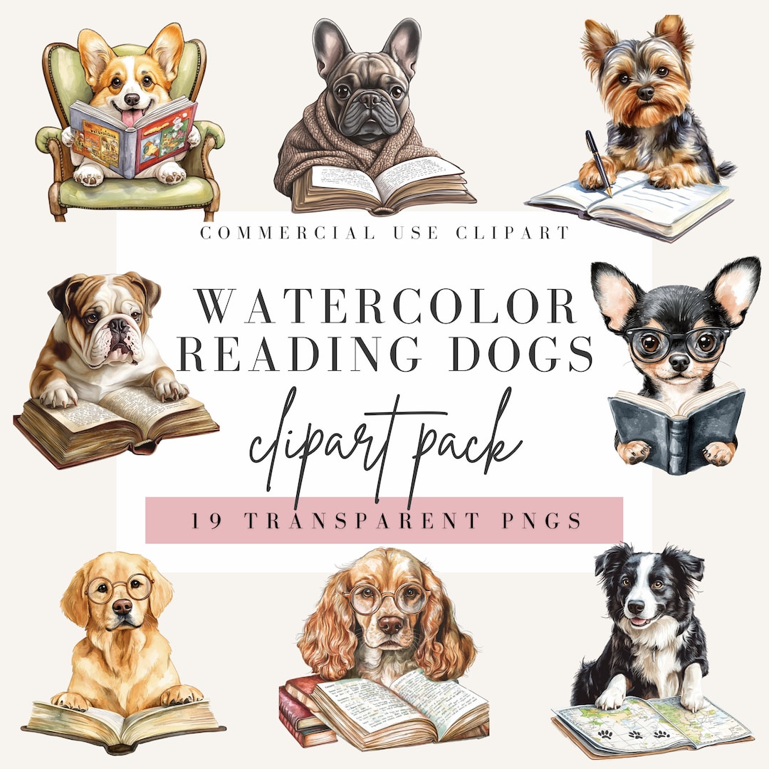 Reading Dogs Clipart, Watercolor Style, Transparent Background ...