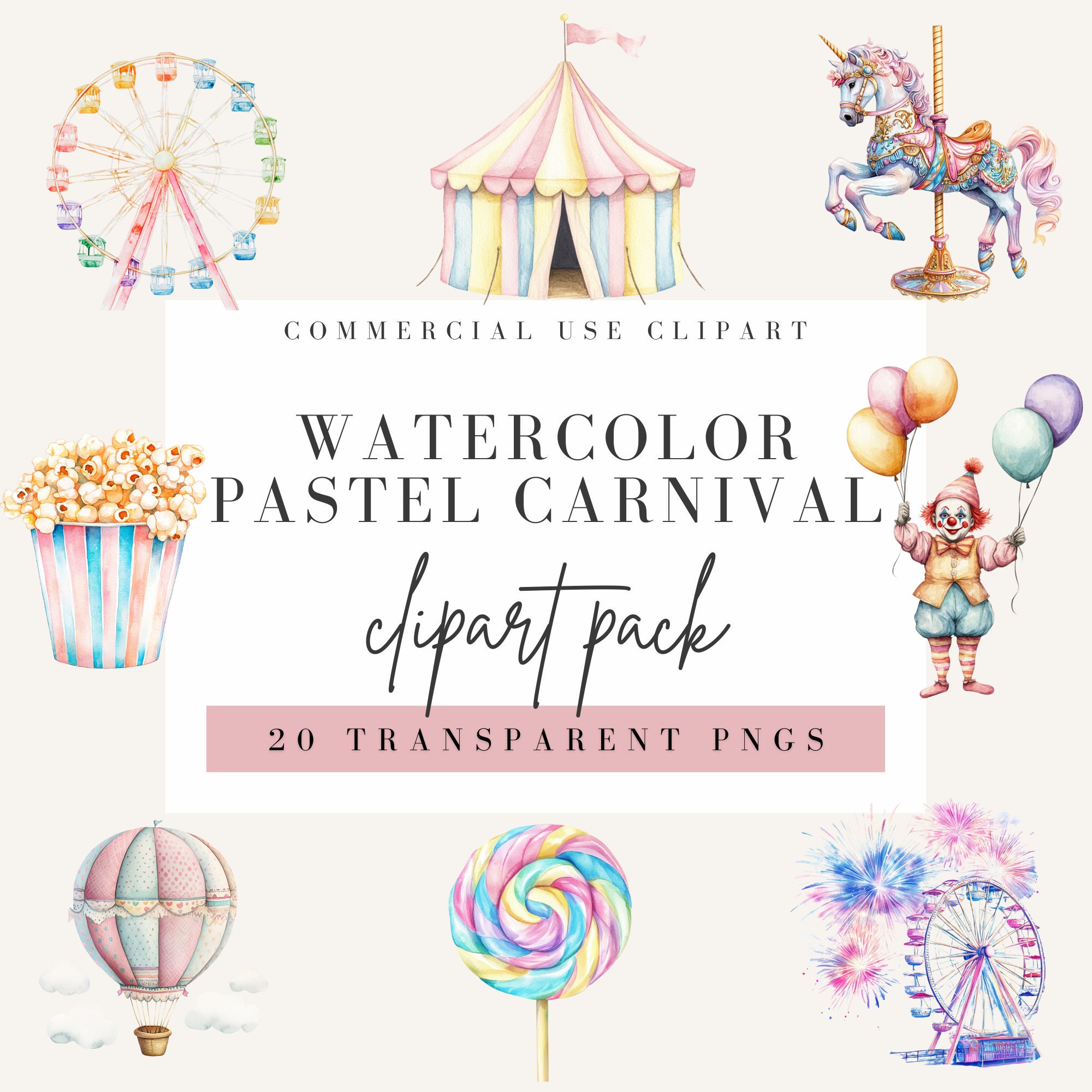 Pastel Carnival Clipart, Watercolor Style, Transparent Background ...