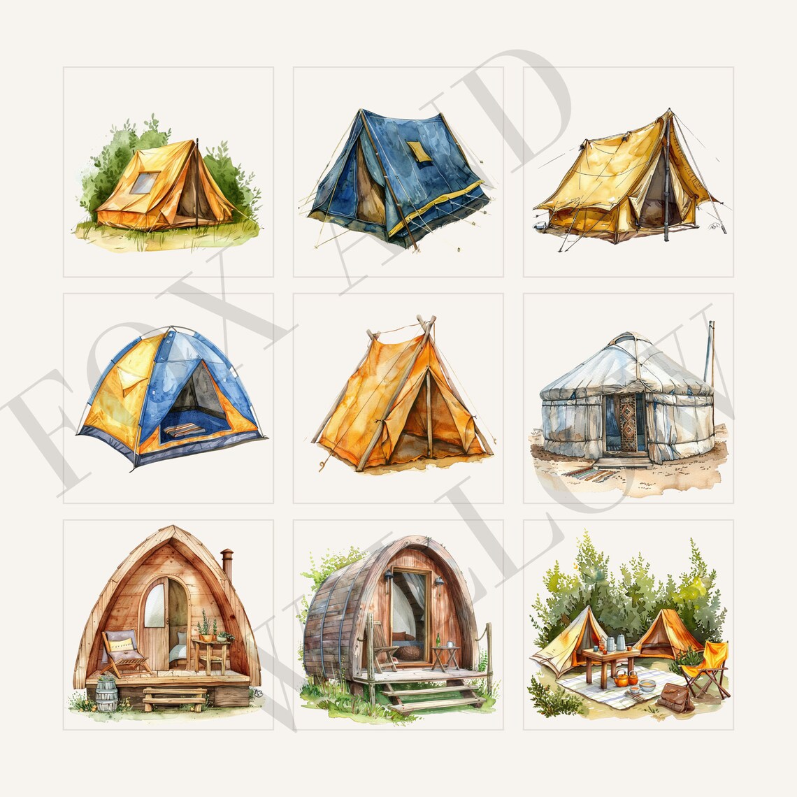 Camping Clipart, Watercolor Clip Art, Transparent Commercial Use PNG ...