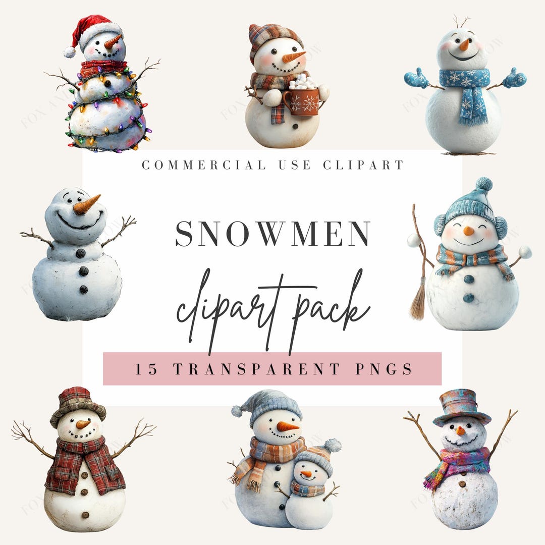 Snowmen Clipart, Watercolor Style, Transparent Background, Commercial ...