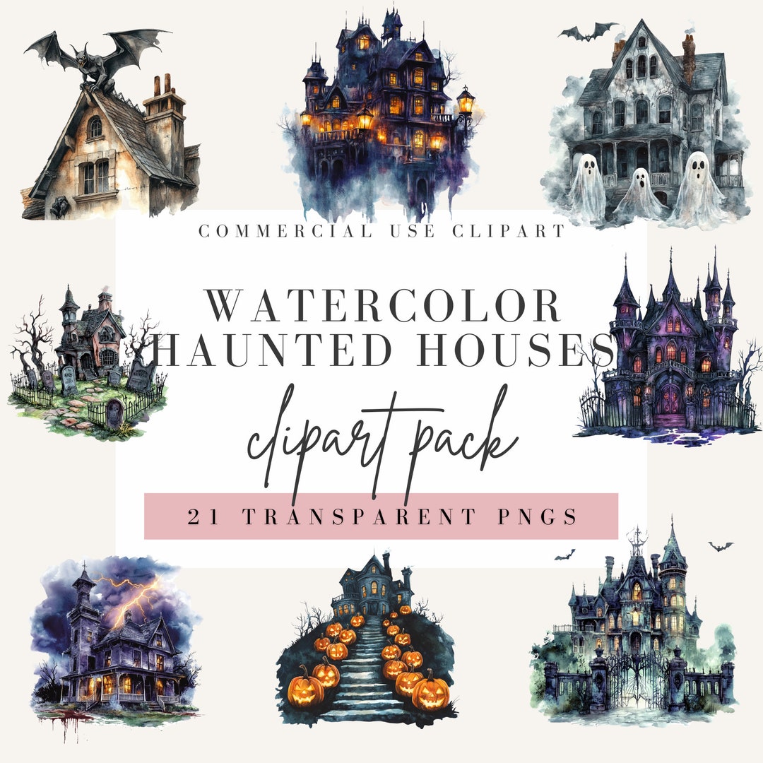 Haunted Houses Clipart, Watercolor Style, Transparent Background ...