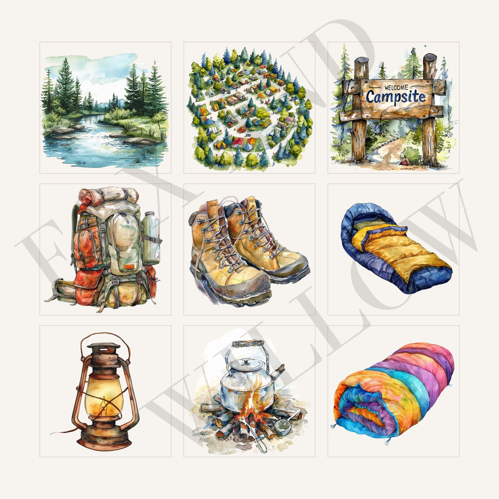 Camping Clipart, Watercolor Clip Art, Transparent Commercial Use PNG ...