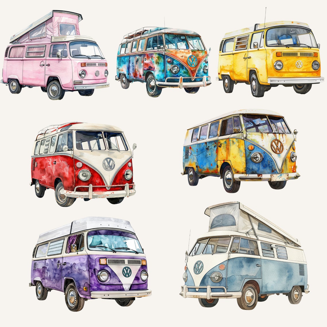 Campervan Watercolor Clipart, Transparent Commercial Use PNG, Two Tone ...
