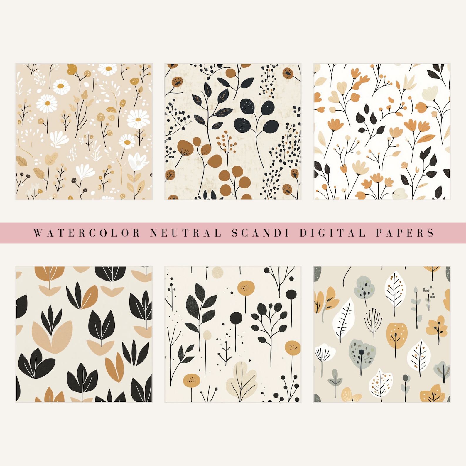 Neutral Scandi Digital Paper, Watercolor Style, Commercial Use PNG ...