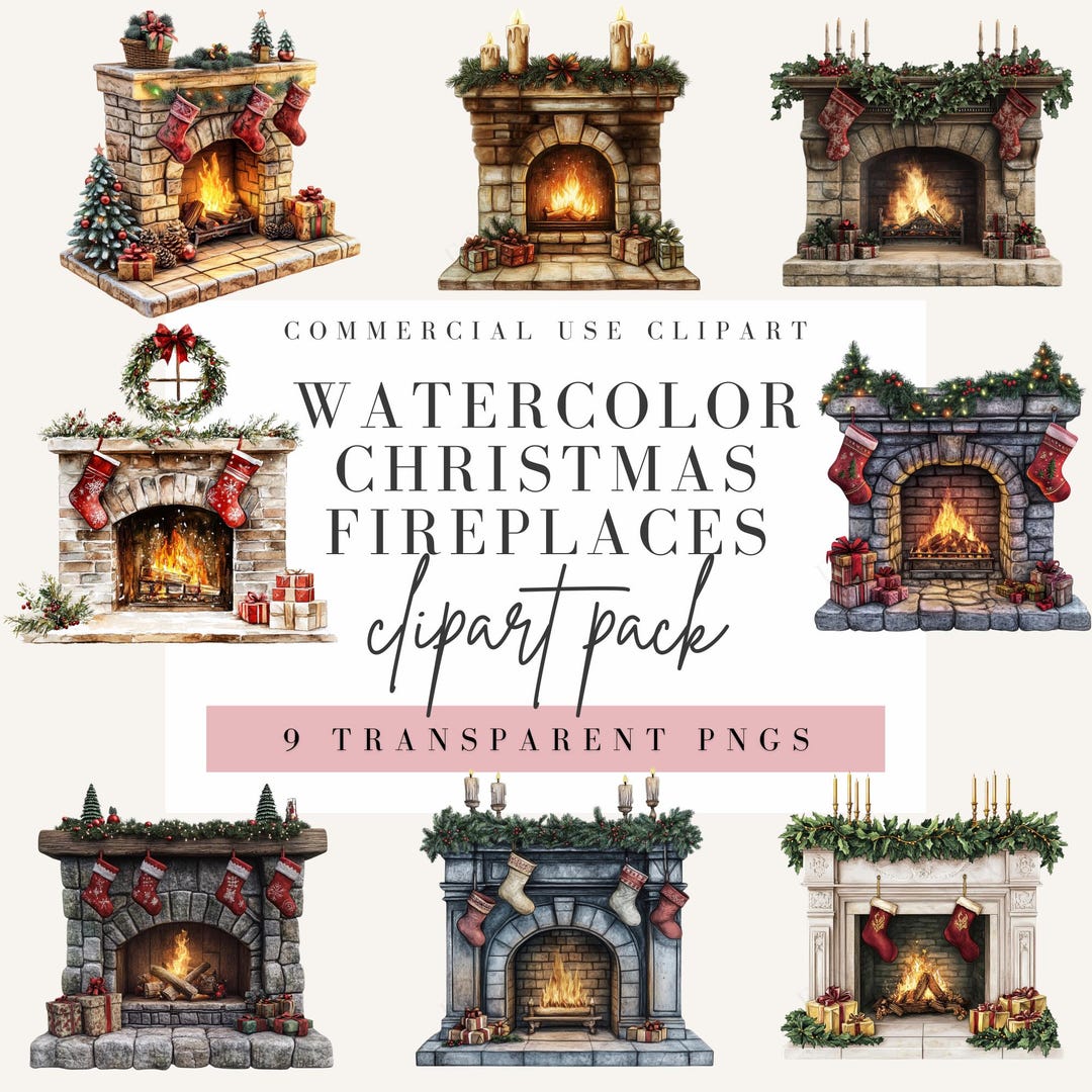 Christmas Fireplaces Clipart, Watercolor Style, Transparent Background ...