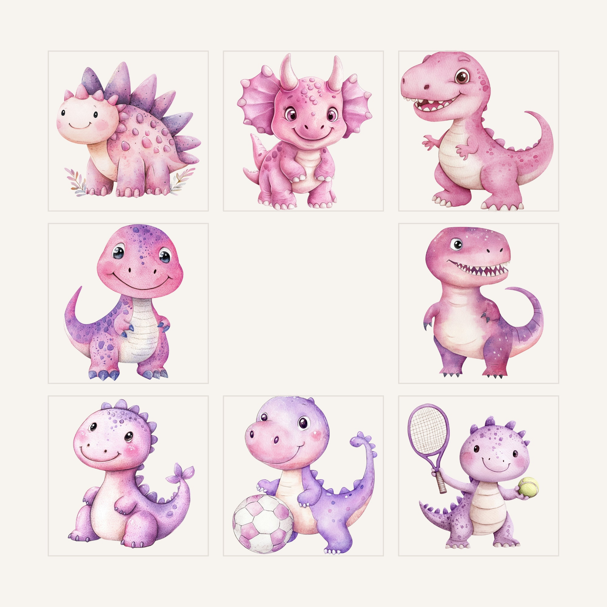 Pink and Purple Dinos Clipart, Watercolor Style, Transparent Background ...