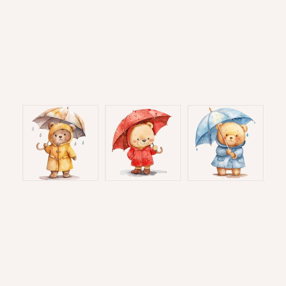 Bears in Raincoats Clipart, Rainy Day Bear, Umbrella Design, Watercolor ...