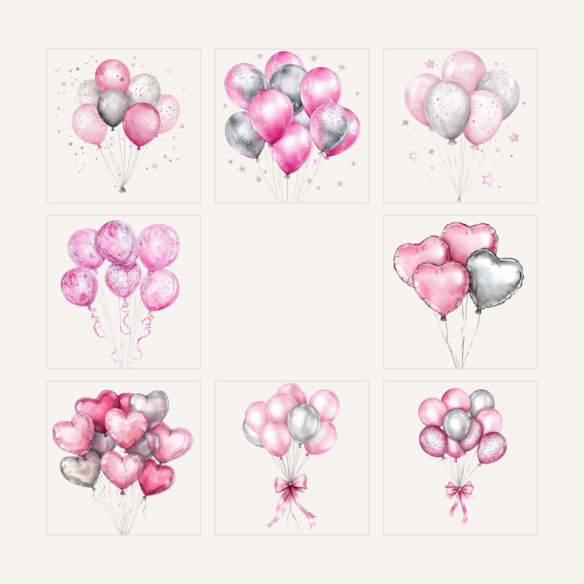 Pink and Silver Balloons Clipart, Watercolor Style, Transparent ...