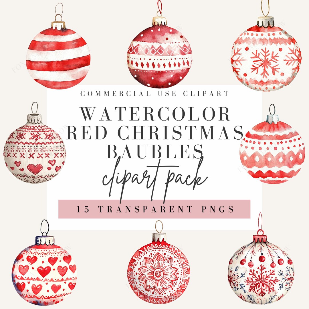 Red Christmas Baubles Clipart, Watercolor Style, Festive Clip Art, Xmas ...