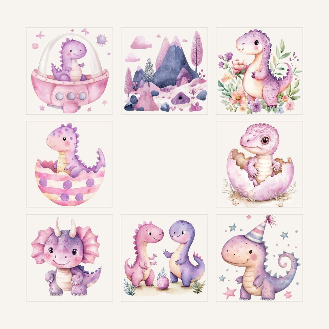 Pink and Purple Dinos Clipart, Watercolor Style, Transparent Background ...