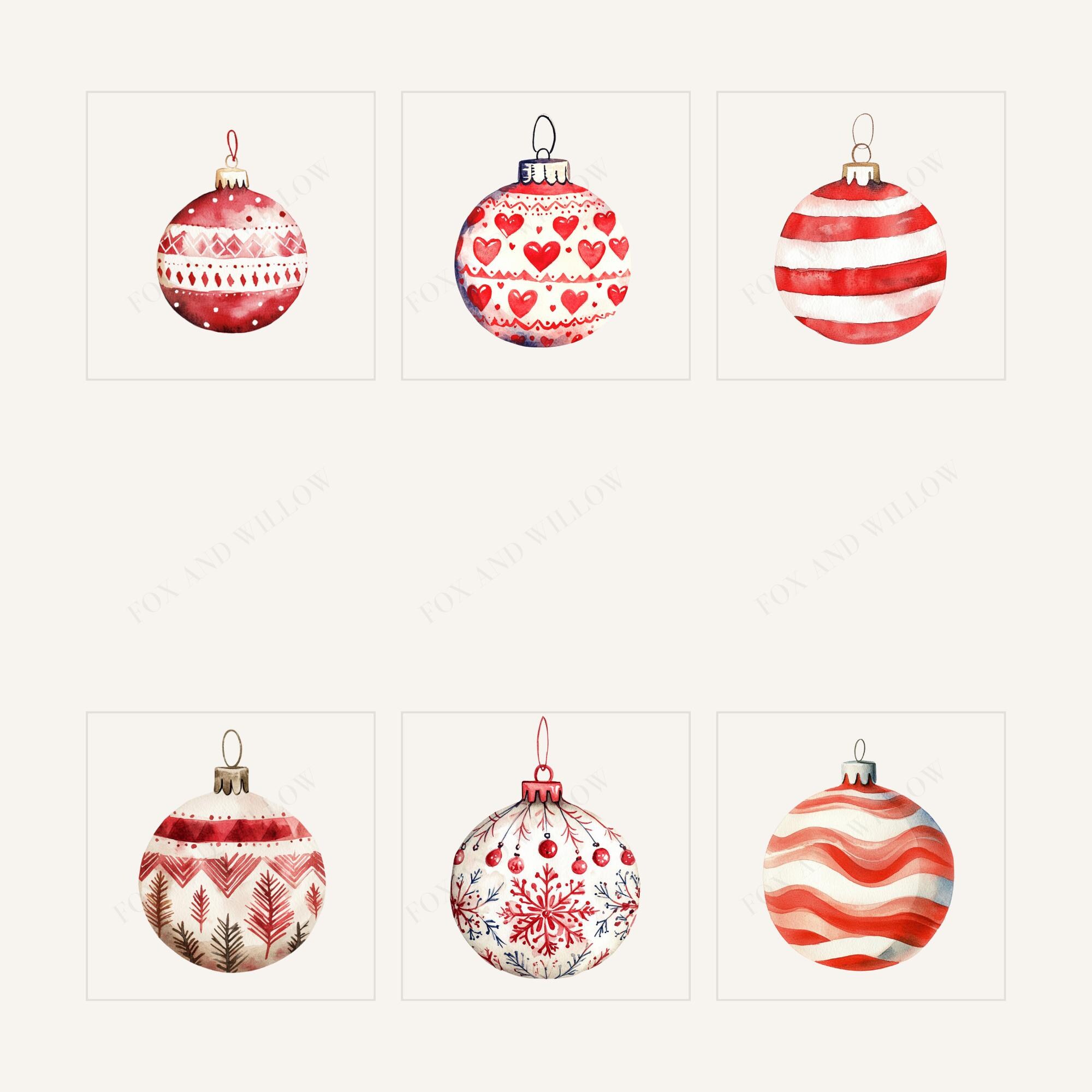 Red Christmas Baubles Clipart, Watercolor Style, Festive Clip Art, Xmas ...