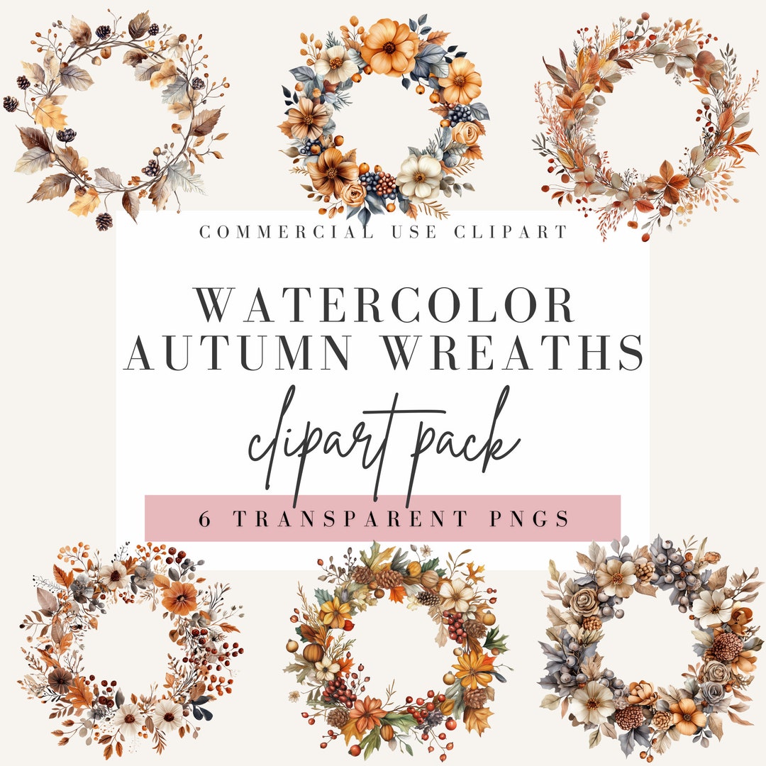 Autumn Wreaths Clipart, Watercolor Style, Transparent Background ...