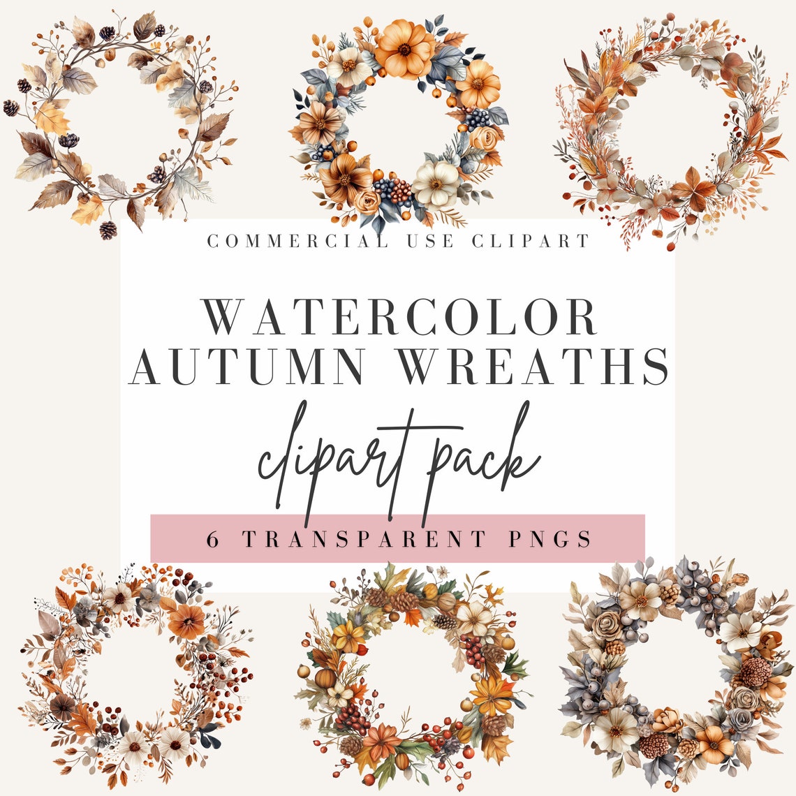 Autumn Wreaths Clipart, Watercolor Style, Transparent Background ...