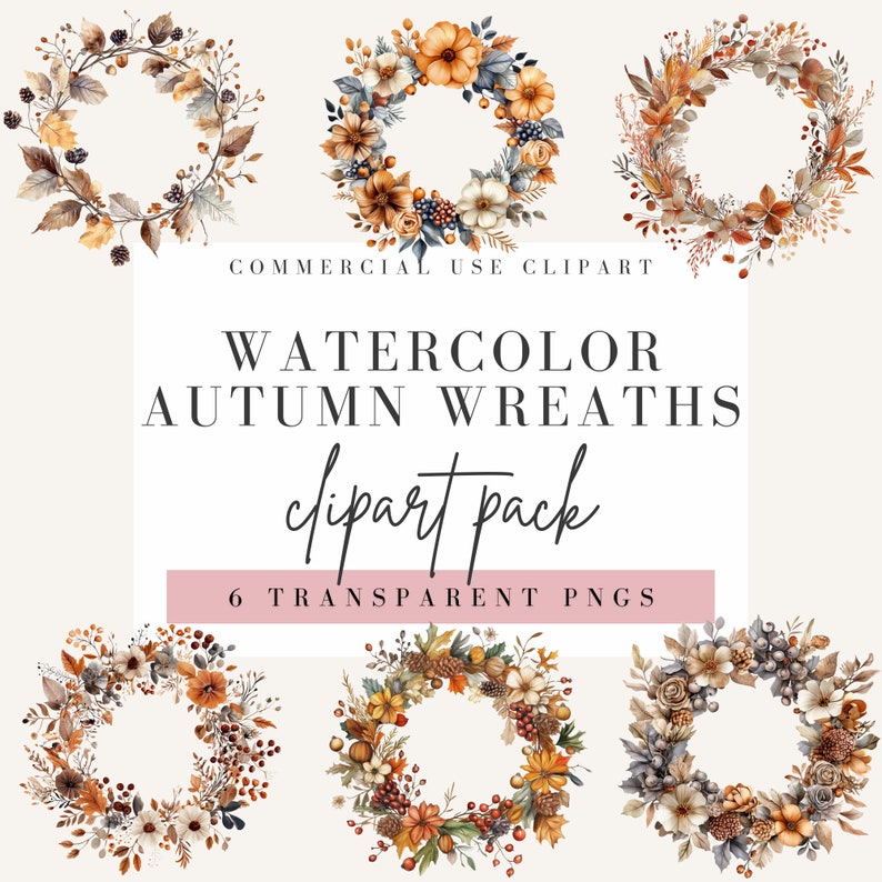 Autumn Wreaths Clipart, Watercolor Style, Transparent Background ...