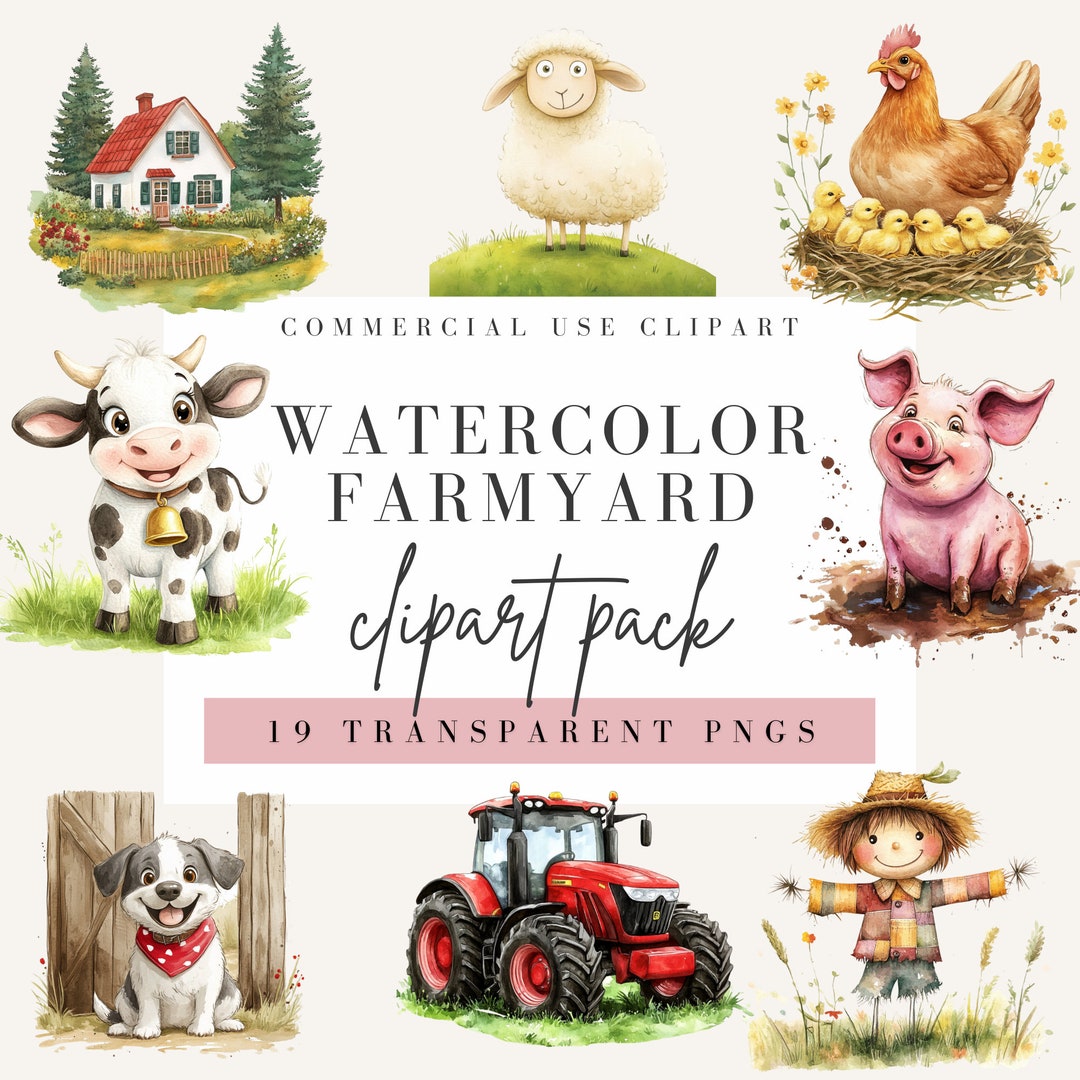 Farmyard Clipart, Watercolor Style, Transparent Background, Commercial ...