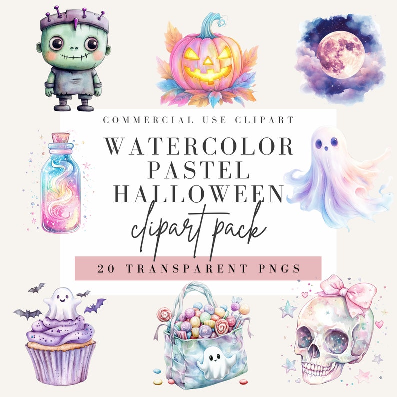 Pastel Halloween Clipart, Watercolor Style, Transparent Background ...