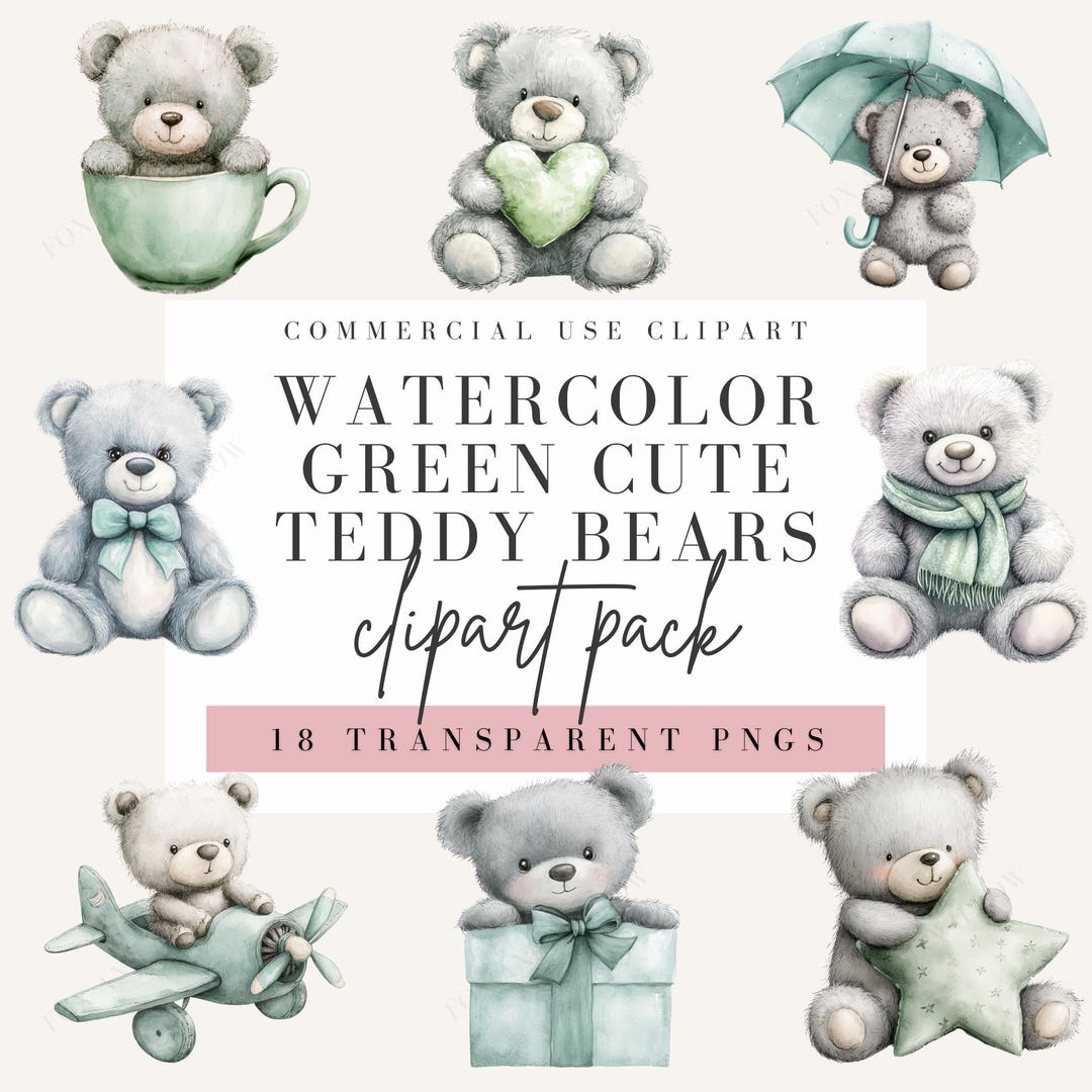Green Cute Teddy Bears Clipart, Adorable Bear Clip Art, Soft Plush Toy ...
