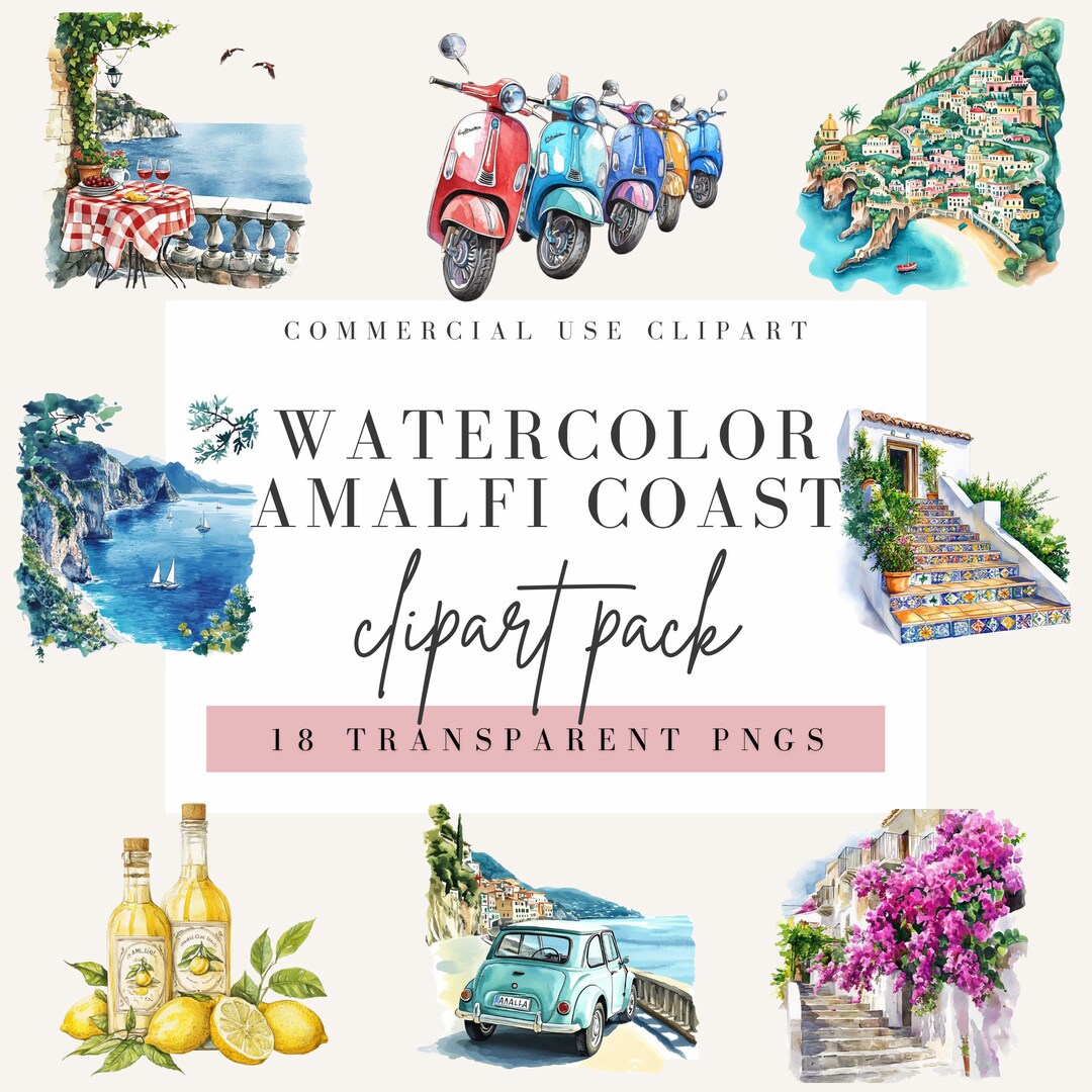 Amalfi Coast Clipart, Watercolor Style, Transparent Background ...