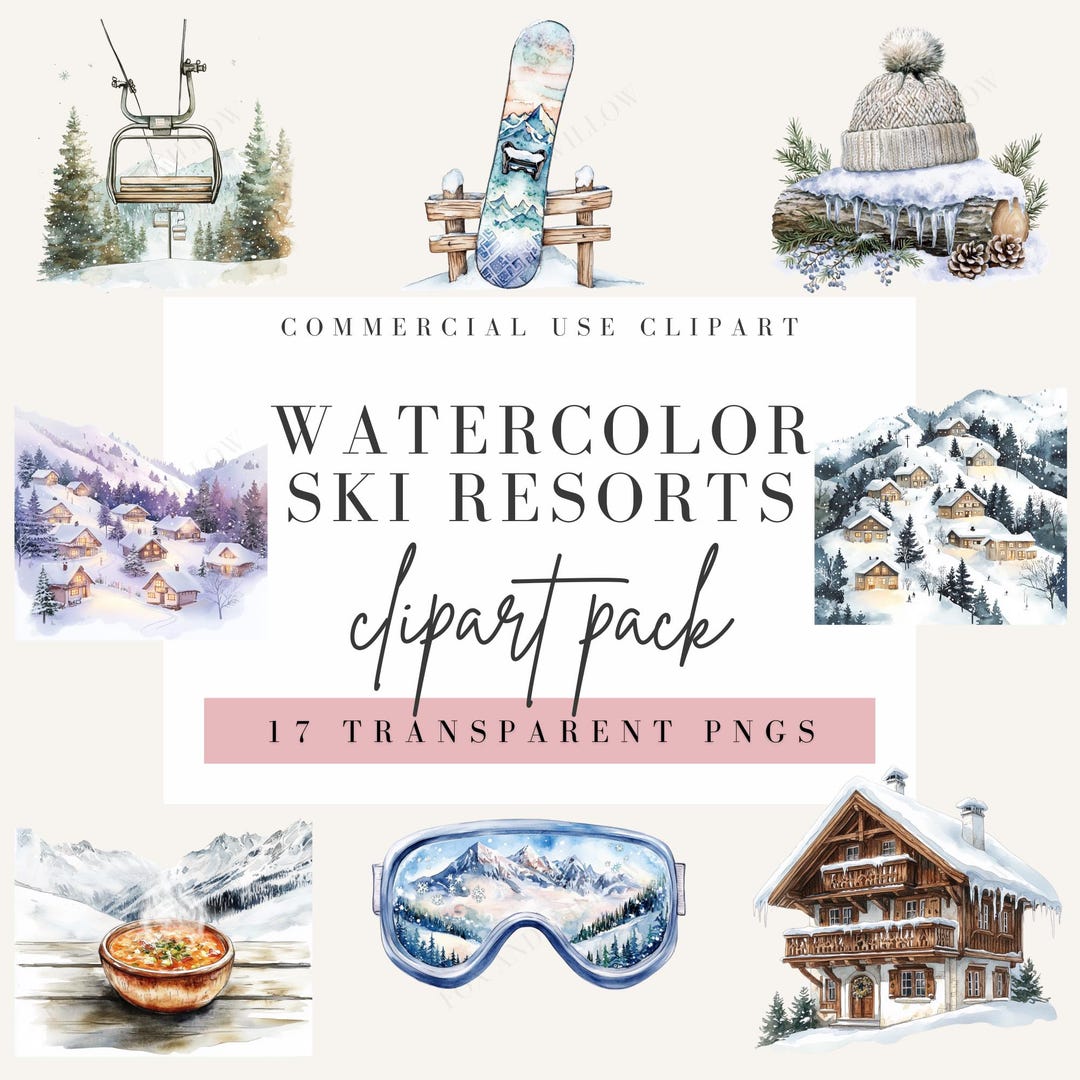 Ski Resorts Clipart, Watercolor Style, Winter Sports Clip Art, Snowy ...