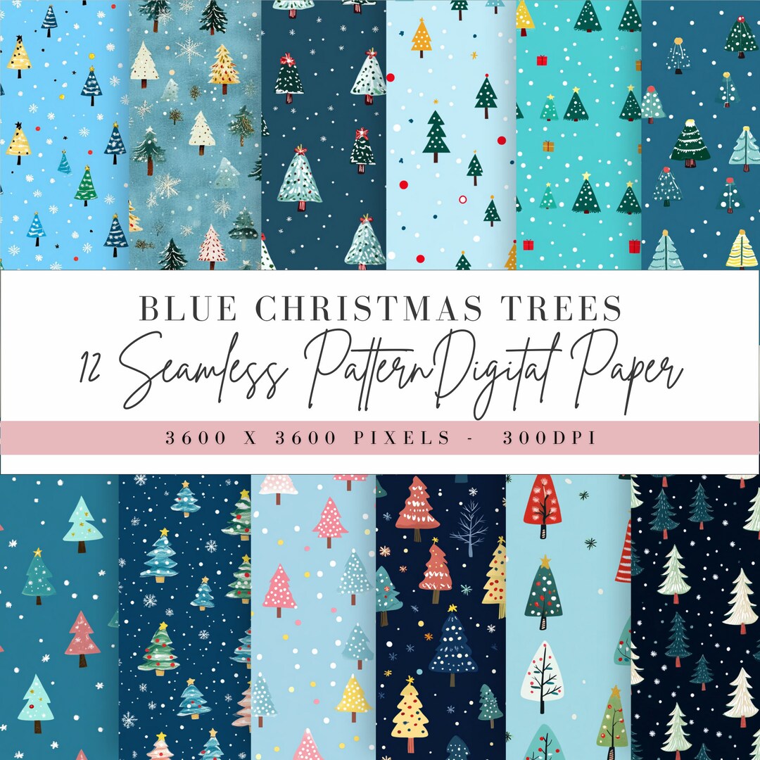 Blue Christmas Tree Digital Paper, Commercial Use PNG, Festive Xmas ...