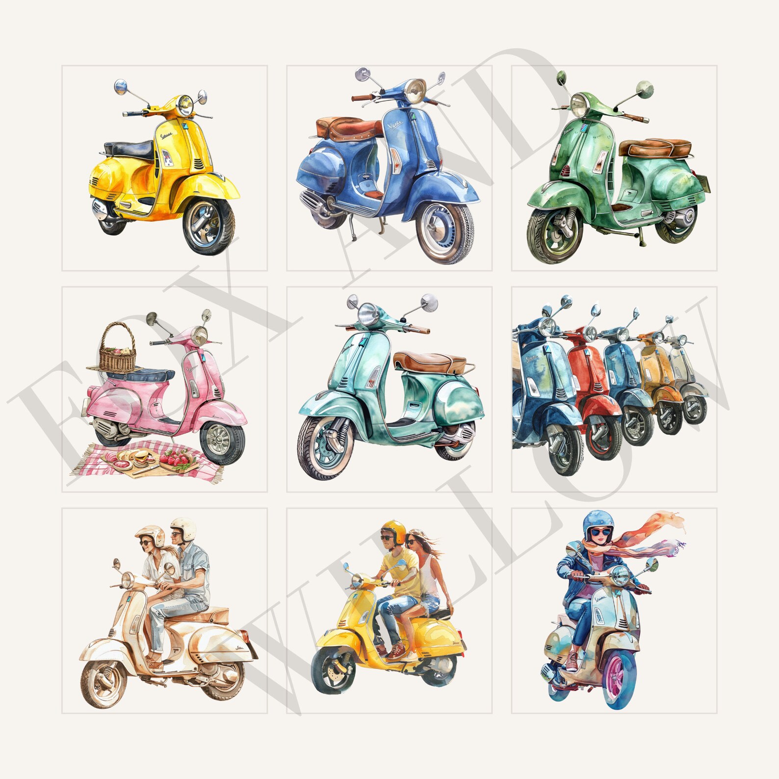 Scooter Watercolor Clipart, Transparent Commercial Use PNG, Retro Moped ...