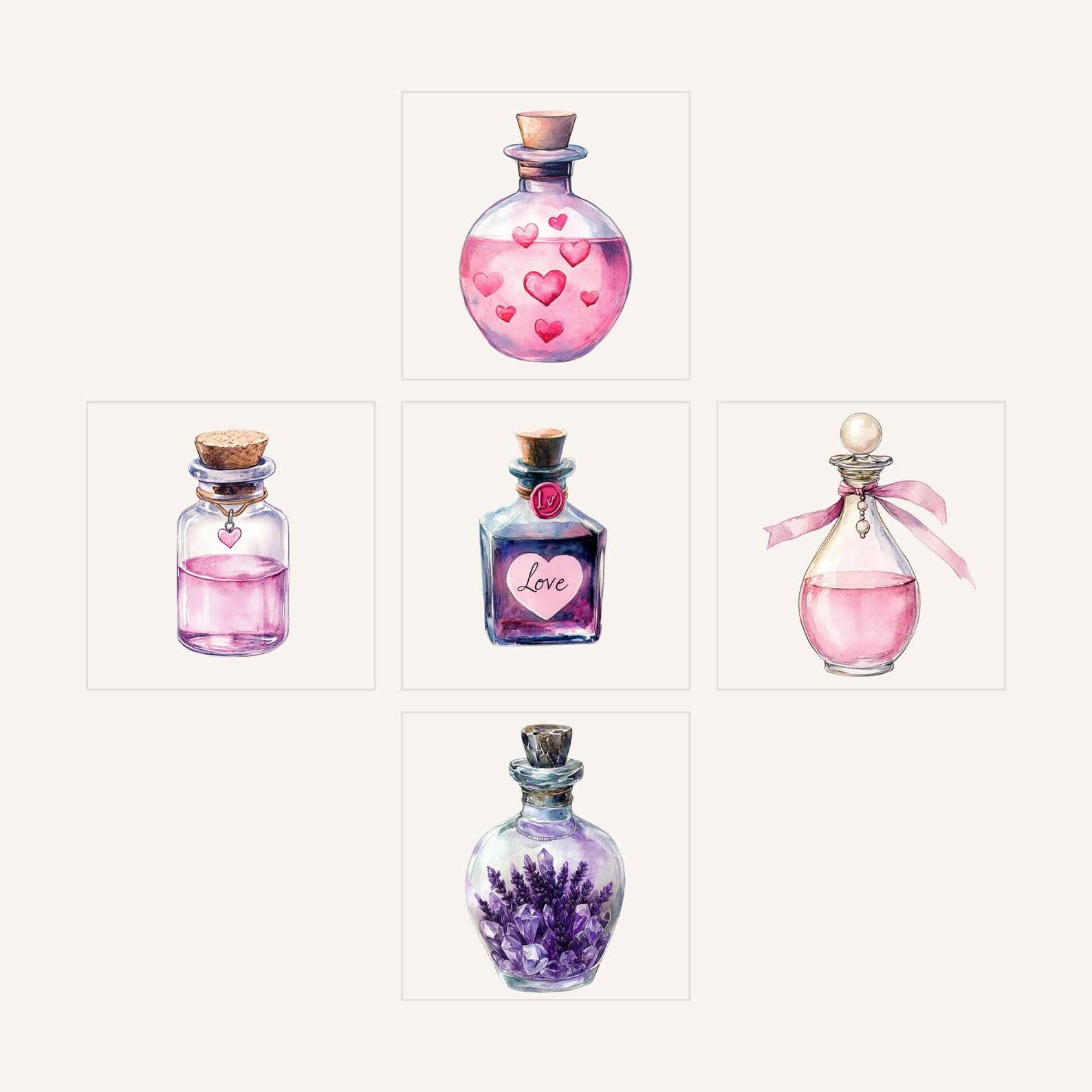 Love Potion Bottles Clipart, Watercolor Style, Transparent Background ...