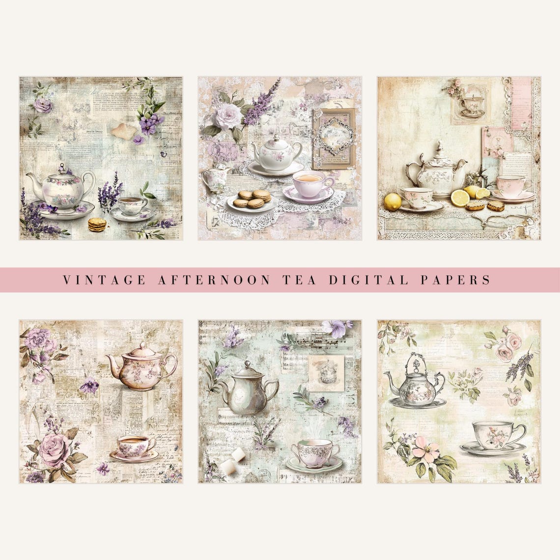 Vintage Afternoon Tea Digital Paper, Pattern Background, Commercial Use ...