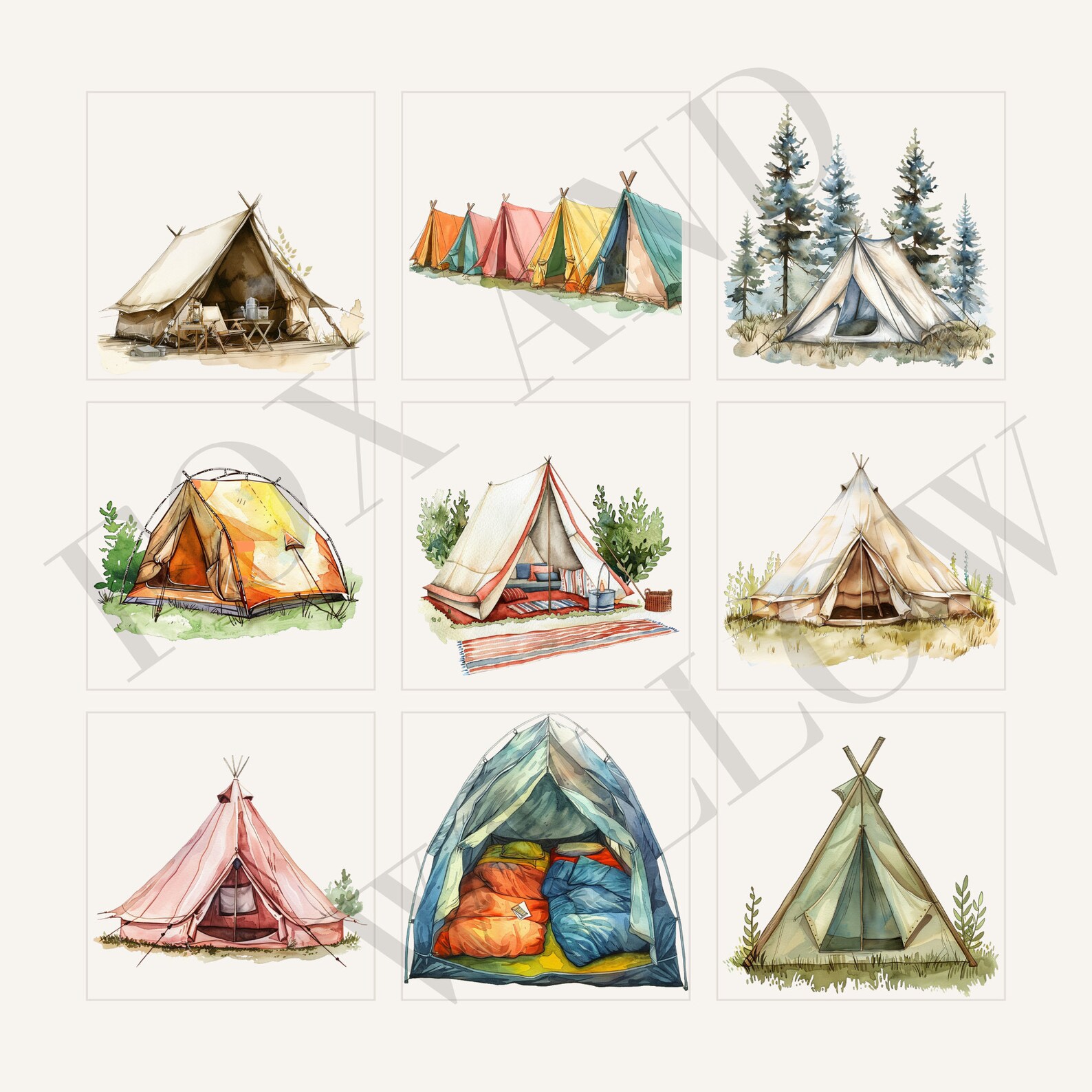 Camping Clipart, Watercolor Clip Art, Transparent Commercial Use PNG ...